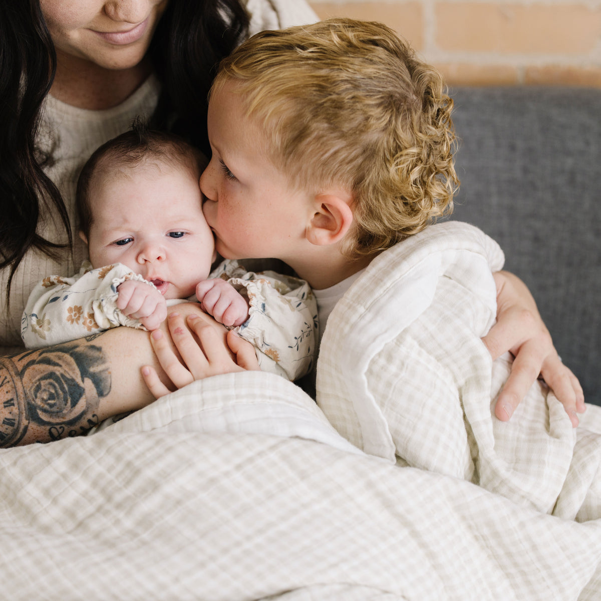 Tan Gingham Muslin Quilted Throw | Little Unicorn USA