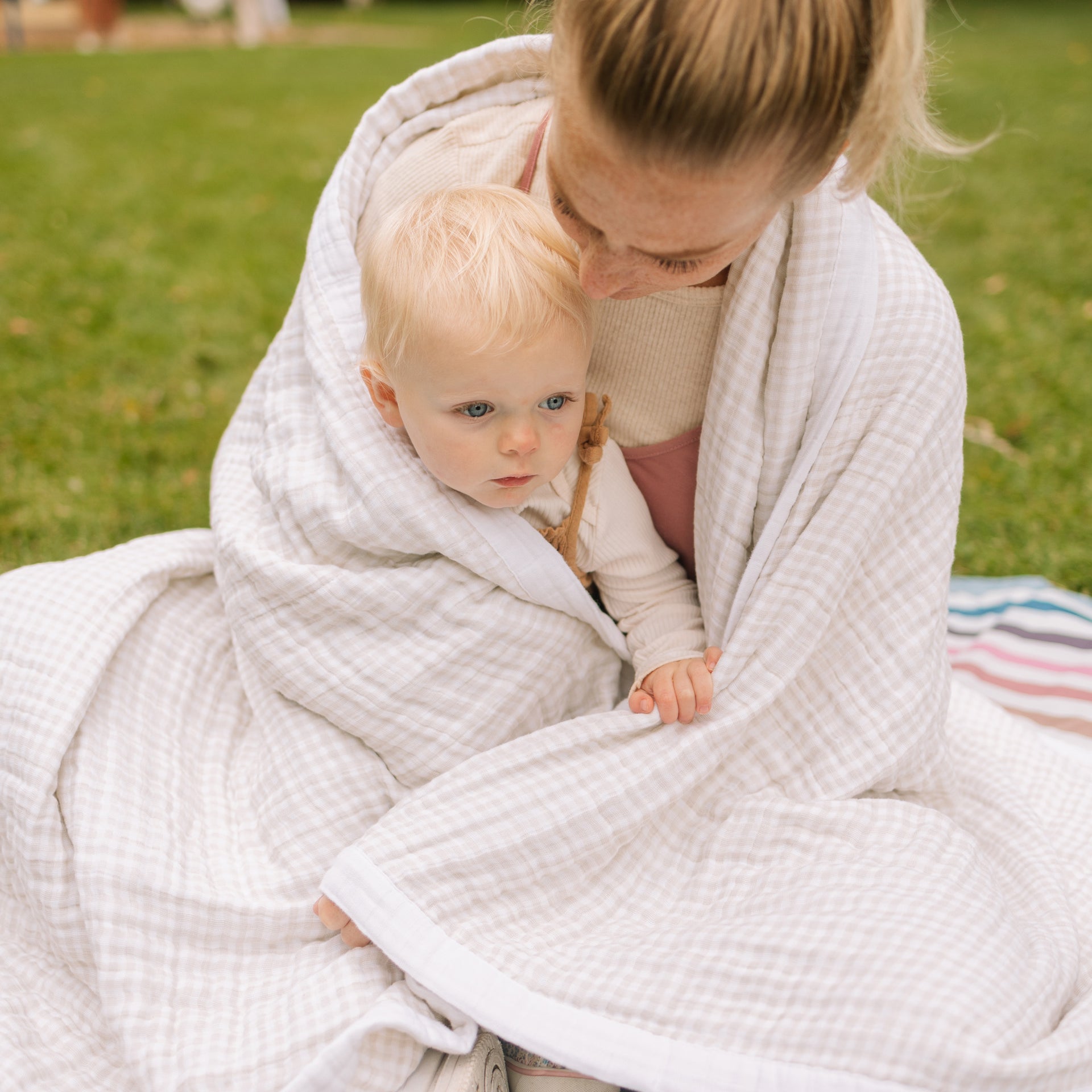 Tan Gingham Muslin Quilted Throw | Little Unicorn USA